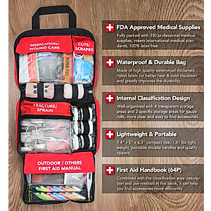 330 Piece First Aid Kit, Premium Waterproof Compact Trauma Medical Kits for Any Emergencies, Ideal for Home, Office, Car, Travel, Outdoor, Camping, Hiking, Boating (Red)