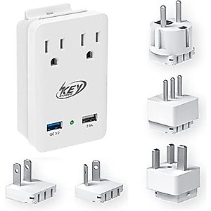 UK Power Adapter, Europe Travel Adapter Kit - QC 3.0 2 USB + 2 US AC Outlets, Travel Plug with 5 Conversion Plugs for US, Europe, UK, Italy, Japan,India and More - Perfect for Laptop, Cell Phones