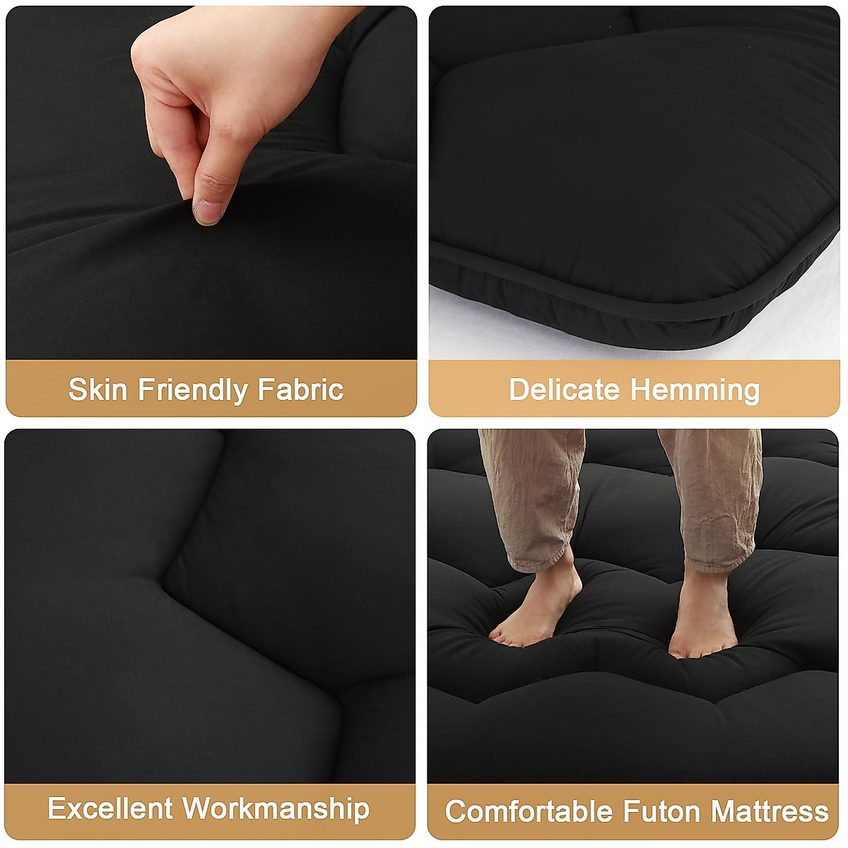 LULUWAY Japanese Futon Mattress, Full Size Foldable Japanese Style Floor Mattress Roll Up, Tatami Mat, Camping Mattress Pad, Black