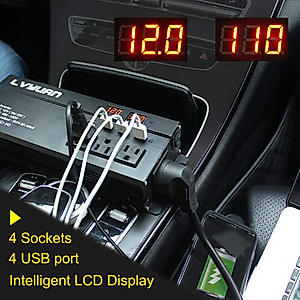 LVYUAN 1000W Car Power Inverter 12V to 110V DC to AC Car Inverter with 3.1A USB Car Adapter, 4 Outlets, Battery Clips, Cigarette Lighter for Car, Home, Outdoor, Camping