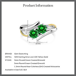 Gem Stone King 925 Sterling Silver and 10K Yellow Gold Green Created Emerald Women Ring (1.70 Cttw, Round 5MM, Available In Size 5, 6, 7, 8, 9)