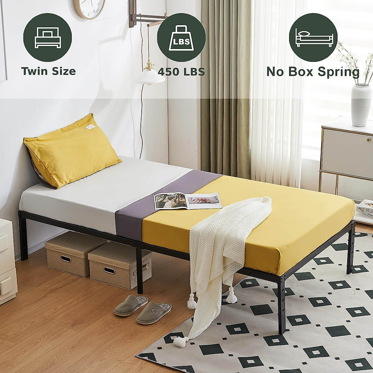 Bonnlo 14 Inch Metal Platform Twin Bed Frame, No Box Spring Needed,Mattress Foundation,Heavy Duty Steel Slat Support,No Box Spring Needed,Black