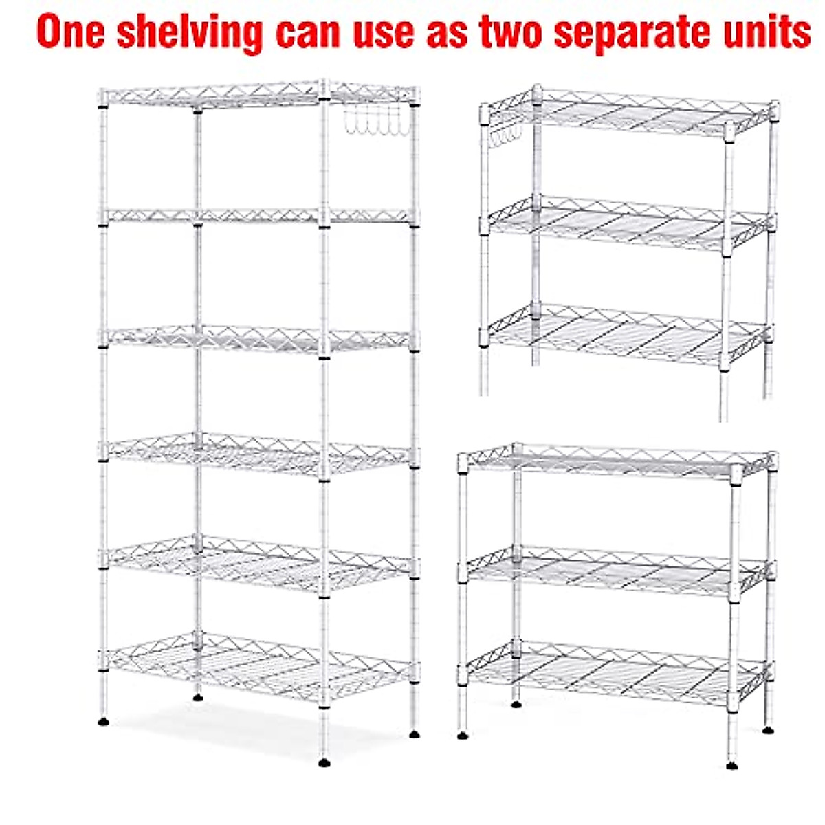 ALPHINO 6-Shelf Shelving Storage Unit ,Heavy Duty Metal Organizer Wire Rack with Leveling Feet , Stainless Side Hooks for Bathroom Kitchen Garage 750Lbs Capacity (Silver)