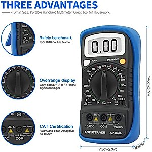 Digital Multimeter AP-838L Manual Range AC DC Amp Multimeter, Electric Tester Ohmmeter with Diode and Continuity Detector, Backlit Display and Insulated Rubber