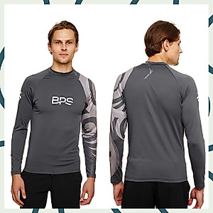 BPS Men's Long Sleeve Swim Shirt/Rash Guard with Sun Protection (Patterned Charcoal Grey, L)