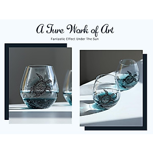 Mothers Day Gift for Women-Sea Turtle Wine Glasses - 13.3 oz Crackle Teal Design, Hand blown Tortoise Wine Tumbler,Sea Turtle Gifts for Women