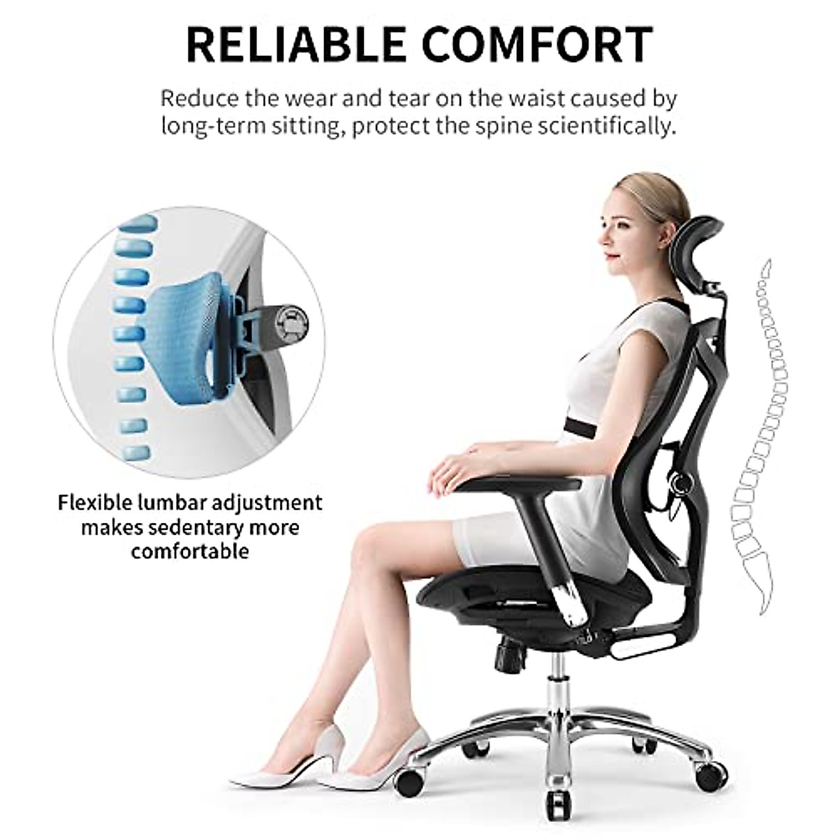 SIHOO Ergonomic Office Chair with 4D Arms, 2-Way Lumbar Support, Depth Adjustable Seat, PU Headrest, Height Adjustable Backrest, High Back Computer Desk Chair (Black)