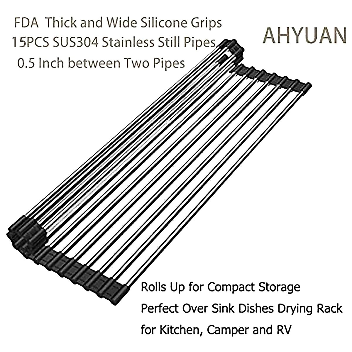 Ahyuan Roll up Dish Drying Rack Over The Sink Kitchen Roll up Sink Drying Rack Portable Dish Rack Dish Drainer Foldable SUS304 Stainless Steel Dish Drying Rack (17.7''x11.2'')
