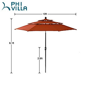 PHI VILLA 10ft Patio Umbrella Outdoor 3 Tier Vented Market Table Umbrella with 1.5" Aluminum Pole and 8 Sturdy Ribs, (Orange Red)