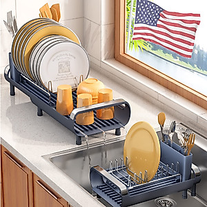 Dish Drying Rack, Kitchen Counter Small Dish Drainers Rack Expandable(11" to 19.3"), in Sink Dish Drying Rack Auto-Drain Compact Stainless Steel Dish Strainers with Utensil Caddy, Grey