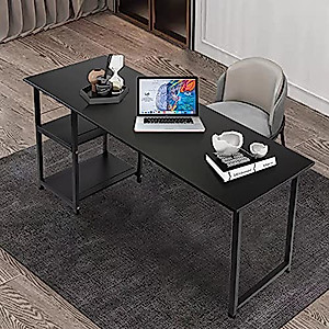 MASAKA B&W Office Home Desk with 2 Shelf for Writing Room, Large Operating Surface 55.2" Computer Desk with Sturdy Wooden Storage Shelf, Bookshelf Study Desk, Home Office Table for Living Room
