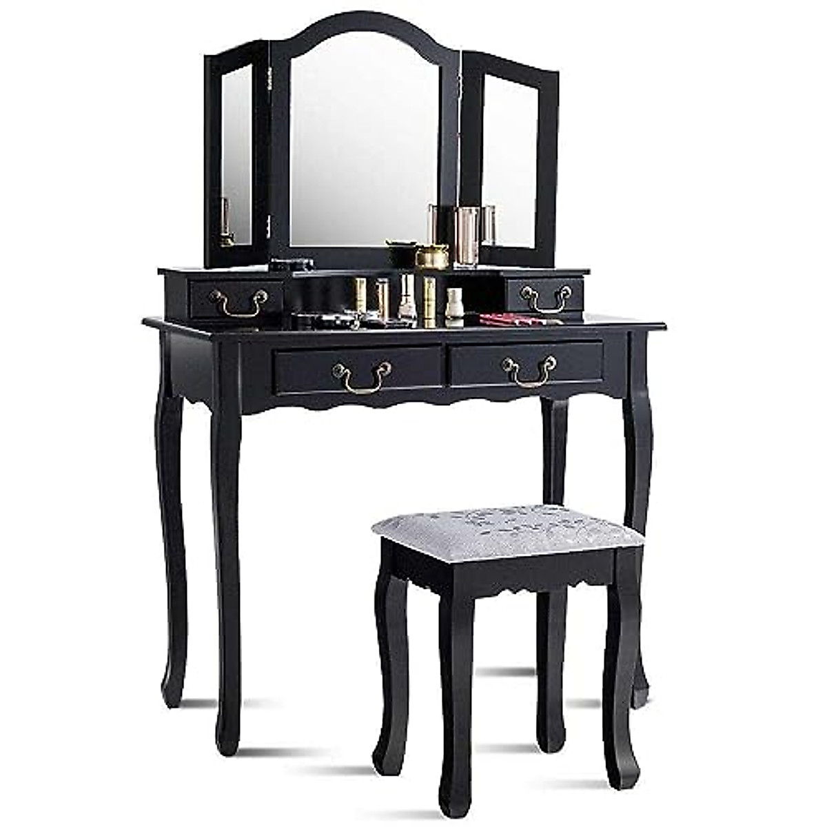 KJNS Vanity Set Makeup Dressing Table Tri Folding Mirror Stool 4 Drawers Black Vanity Desk Makeup Vanity Side Tables Bedroom Vanity Table Portable Desk Vanity Set