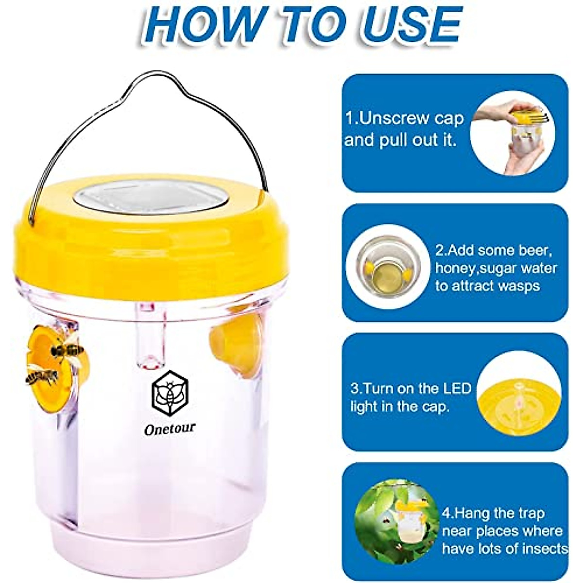 Petoor Wasp Trap Outdoor - Solar Powered Killer Effective Hornet for Wasps, Hornets, Insects, Yellow Jacket Fruit Fly Pack of 2, 2022 yellow