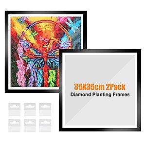 NAIMOER Upgraded 2Pack Diamond Painting Frames, Frames for 35x35cm Diamond Painting Canvas, Magnetic Diamond Art Frame Self-Adhesive, Diamond Painting Frames with Hooks for Wall Window Door (Black)