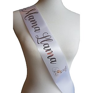 Amy's Bubbling Boutique Mama Llama Baby Shower Sash for Mom to Be White & Rose Gold with Adjustable Rhinestone Safety Pin
