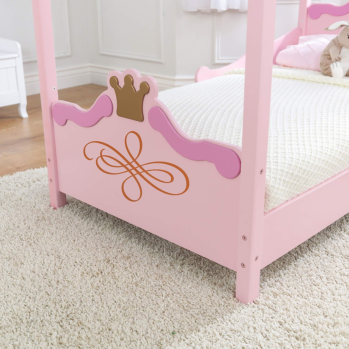 KidKraft Wooden Princess Toddler Four-Poster Bed with Crown Accents, Children's Furniture - Pink, Gift for Ages 15 mo+