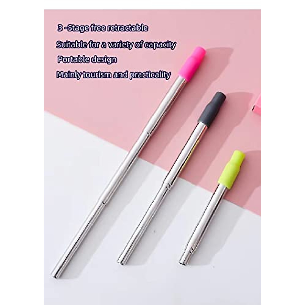 Metal Reusable Straws, 3 Pack Collapsible Portable Stainless Steel Straws, with Plastic Housing Silicone Tips and Cleaning Brush, Retractable Portable Pocket Drinking Straws