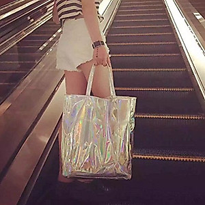 Van Caro Womens Open Top Holographic Tote Shoulder Bag Laser Shopper Bag Silver