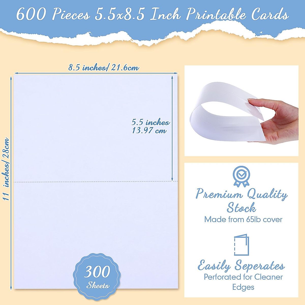 SATINIOR 600 Pcs 5.5 x 8.5'' Laser Inkjet Printer Blank Postcards Paper 300 Sheets 80lb Cover Perforated Cardstock 8.5 X11 for Mailings Flashcards White Index Perforated Cardstock 2 Cards/Sheet
