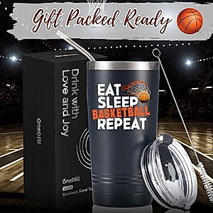 Onebttl Basketball Lovers Gifts, Basketball Gifts for Coach, Men, Dad on Birthday Christmas, 20oz Stainless Steel Tumbler - Eat Sleep Basketball Repeat, Black