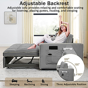 SPOWAY 3 in 1 Sleeper Sofa Couch Bed, 55'' Velvet Pull Out Bed Couch, Loveseats Sleeper with Storage Side Pocket, Adjustable Backrest and Lumbar Pillows for Living Room, Grey