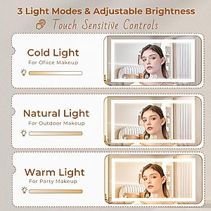 Farmhouse Makeup Vanity Desk with Mirror and Lights, 43" Glass Tabletop Vanity Table with 360° Rolling Stool with Storage, Big Vanity Set for Bedroom, 3 Lighting Modes, 2 Drawers, 1 Cabinet, White