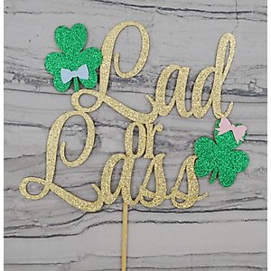 Lad or Lass Shamrock Gender Reveal Glitter Paper Cake Topper