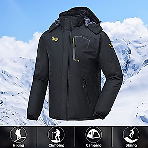 JINSHI Men Snow Jacket Windproof Waterproof Ski Jackets Winter Hooded Mountain Fleece Outwear (Black,L)