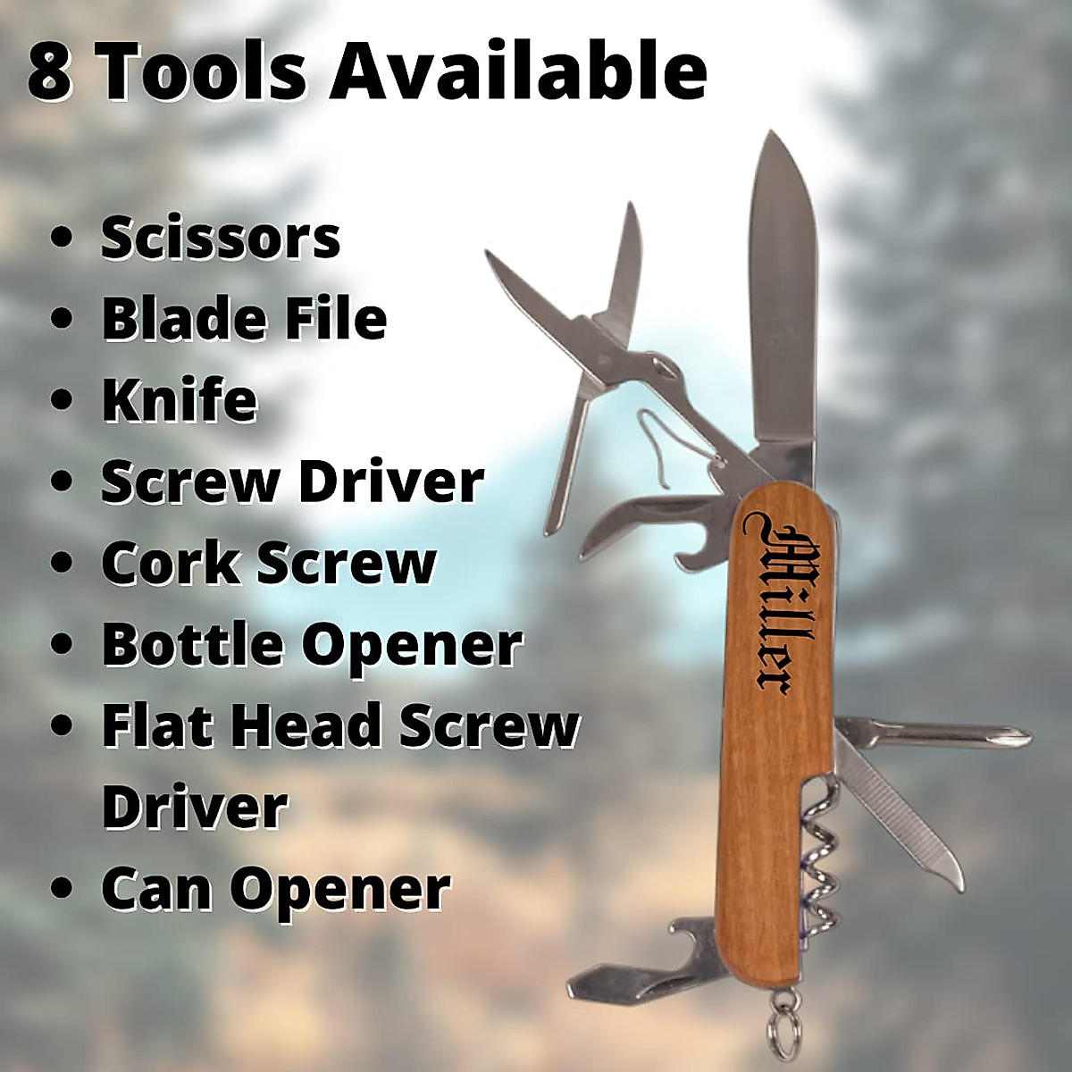 Personalized Wooden Pocket Knife | Customizable Design | Laser Engraved | 8-Function Multi-Tool (Stainless Steel) | Gift for Men, Groomsmen, Birthday, Graduations