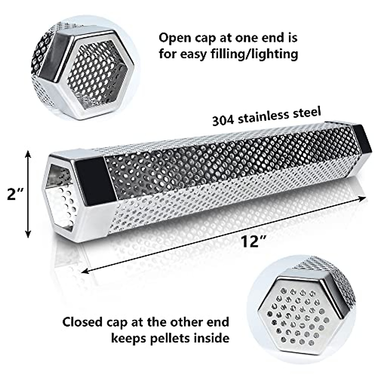 VIGIND Pellet Smoker Tube,12'' Stainless Steel BBQ Smoke Tube, Hot/Cold Smoking for All Charcoal,Works with Electric Gas Charcoal Grilling,Smoker Perfect for Smoking Cheese Nuts Steaks Fish Pork Beef