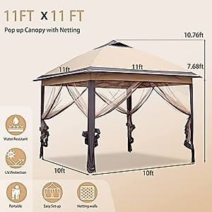 11'x11' Patio Gazebo 2-Tier Outdoor Pop up Canopy Tent with Netting Sidewalls Brown