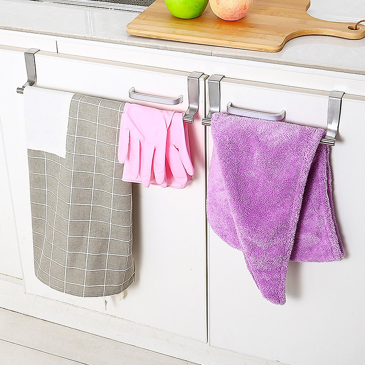 PRETYZOOM 2pcs Over Door Towel Rack, Metal Towel Bar Cabinet Towel Rack Hanging on Inside or Outside of Doors, No Drill Towel Rack for Kitchen Bathroom (2 Size)