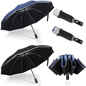 Sanwuta 2 Pcs Folding LED Umbrella Travel Umbrella Reflective Umbrella Compact Portable Parasol Waterproof Umbrella Auto Open Close Golf Umbrella, Black and Blue