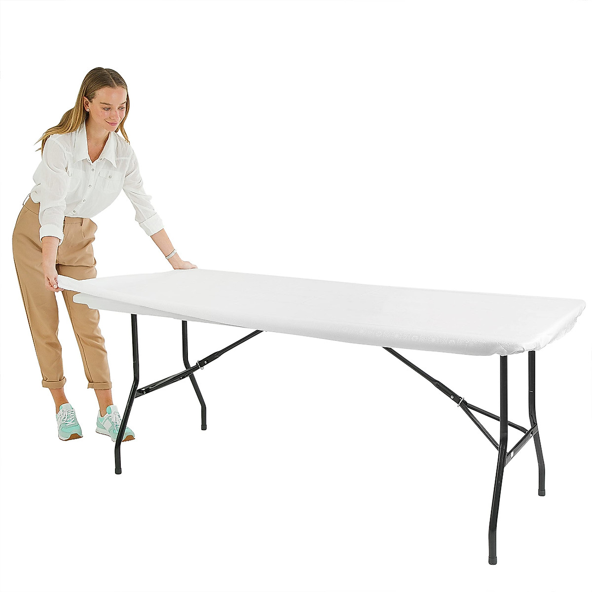 Fitted Rectangle Tablecloth for 6 Foot Tables – Reusable Elastic Edge Table Cover for Folding Banquet Tables – Washable 100% Polyester Fabric with Mitered Corners for Parties and Picnics (32x72 inch)