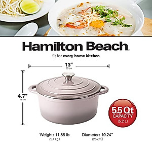 Hamilton Beach Enameled Cast Iron Dutch Oven 5.5-Quart Gray, Cream Enamel Dutch Oven Pot with Lid, Cast Iron Dutch Oven with Even Heat Distribution, Safe Up to 400 Degrees, Durable