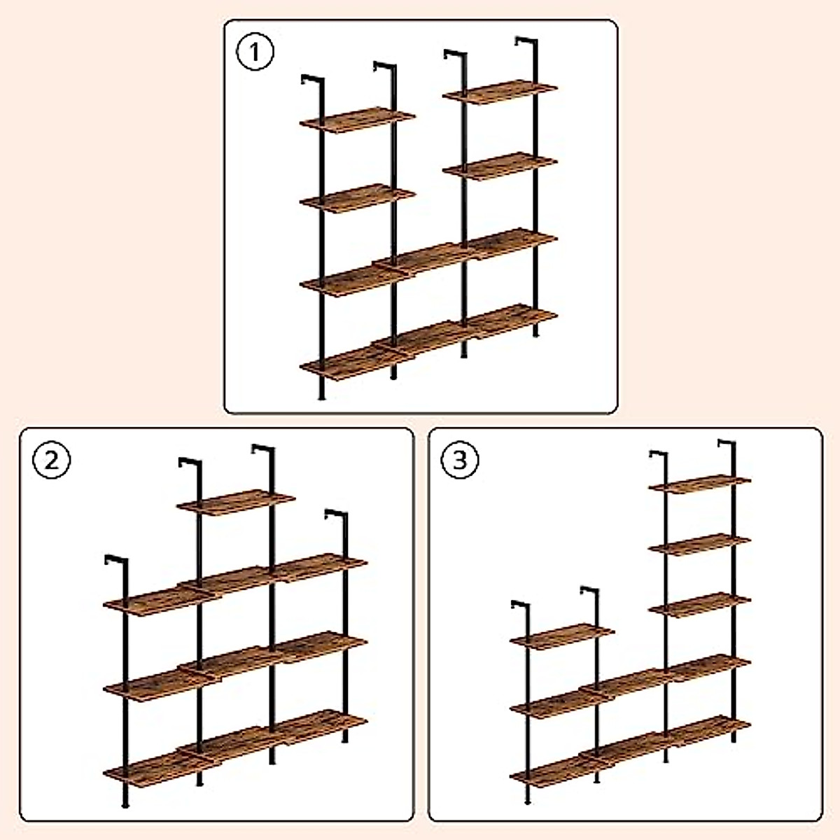 HOOBRO DIY Ladder Shelf, 5-Tier Wooden Wall Mounted Bookshelf, Narrow Bookcase, Display Shelf, Storage Rack, Plant Stand, for Living Room, Bedroom, Study, Balcony, Rustic Brown and Black BF531CJ01