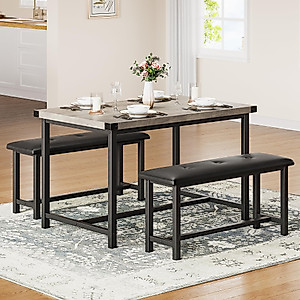 IDEALHOUSE Dining Table Set for 4, Kitchen Table with Upholstered Bench, Rectangular Dining Room Table Set with 2 Benches, 3 Piece Kitchen Table Set for Small Space, Apartment, Studio, Rustic Grey