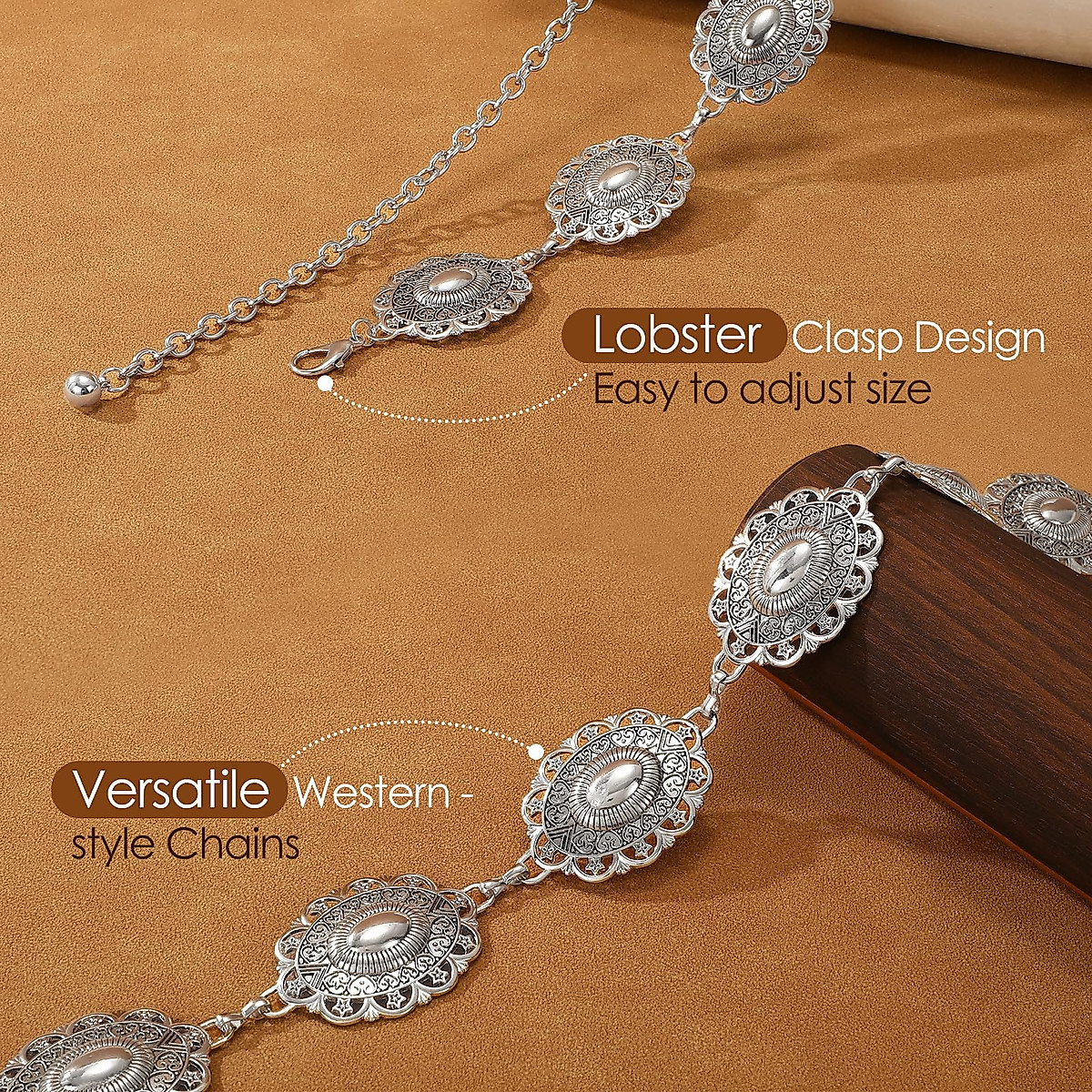 VONMELLI Western Belts for Woman Cowgirl Boho Concho Chain Waist Belt for Country Concert Dresses Jeans Silver-Shiny M