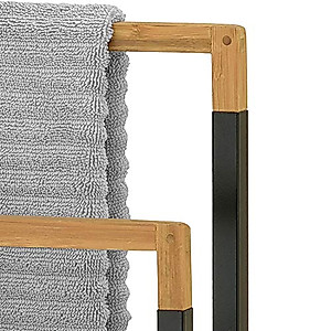 MyGift 33 Inch Black Chrome Plated Metal Freestanding Bathroom Towel Rack Stand with 3 Tier Bamboo Wood Bar, Laundry Room Drying Rack Stand