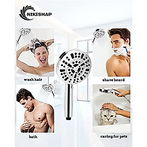 NIKISHAP 10-Mode Shower Head with High Pressure, Polished Finish, Handheld Design, Adjustable Bracket, 5 Ft Hose, and Built-in Power Wash to Clean Tub, Tile, and Pets