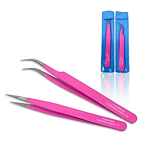 CynaMed Pink Eyelash Extension Tweezers Set (2-Pack) – Straight and Curved Stainless Steel Precision Tweezers for Volume Lash Extensions