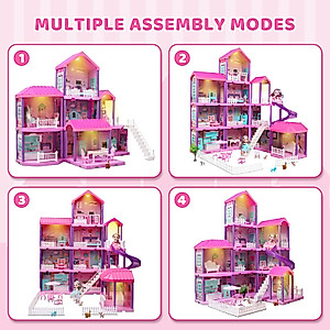beefunni Doll House, Dream Dollhouse for Girls,Doll Houses 4-5 7-8 Year Old with 4 Stories -11 Rooms, 2 Dolls and Furniture, Princess Dollhouse 2024 Christmas Toy Gifts for 3 4 5 6 7 8+ Year Old Girls