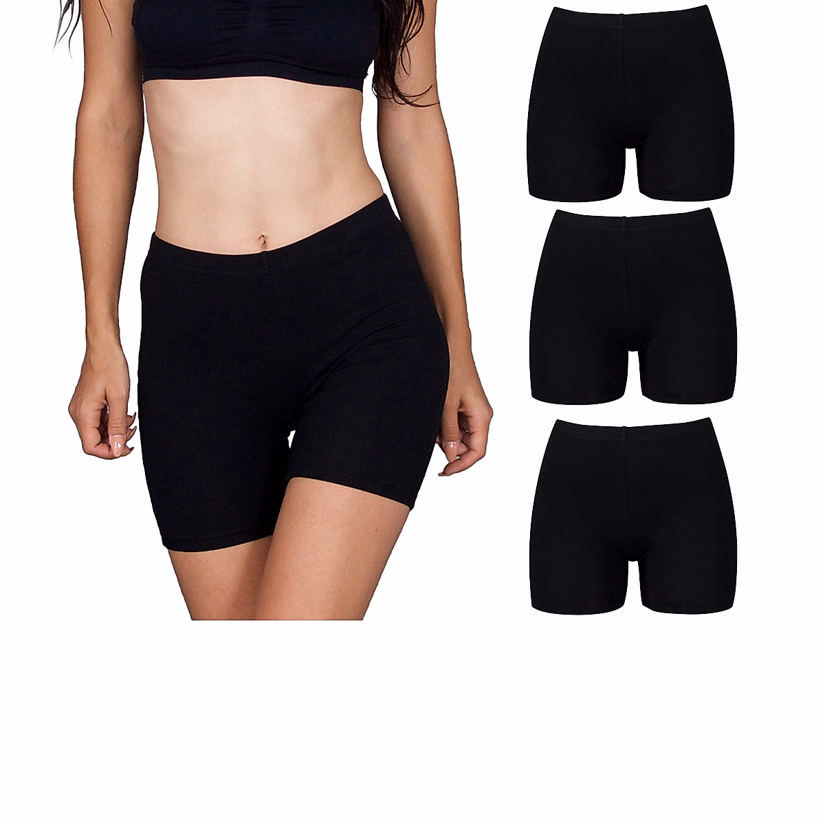 Emprella Slip Shorts 3-Pack Black Bike Shorts Cotton Spandex Stretch Boyshorts For Yoga,Black,Large