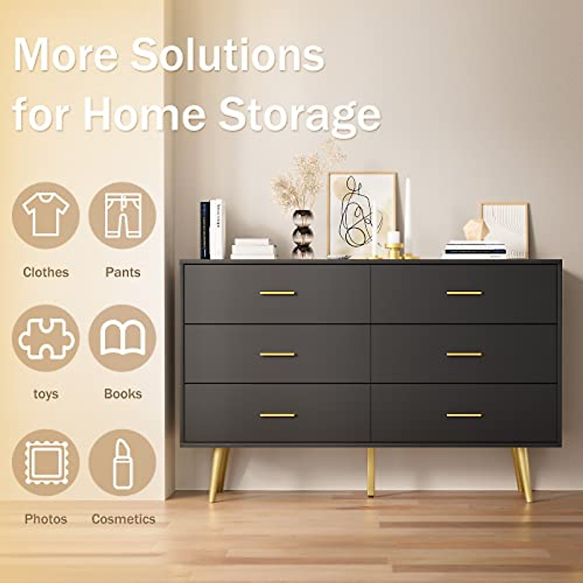 RESOM Black 6 Drawer Dresser for Bedroom, Wooden Black Double Dresser with Gold Handles, Modern Chest Dresser with Deep Drawers for Living Room, Hallway