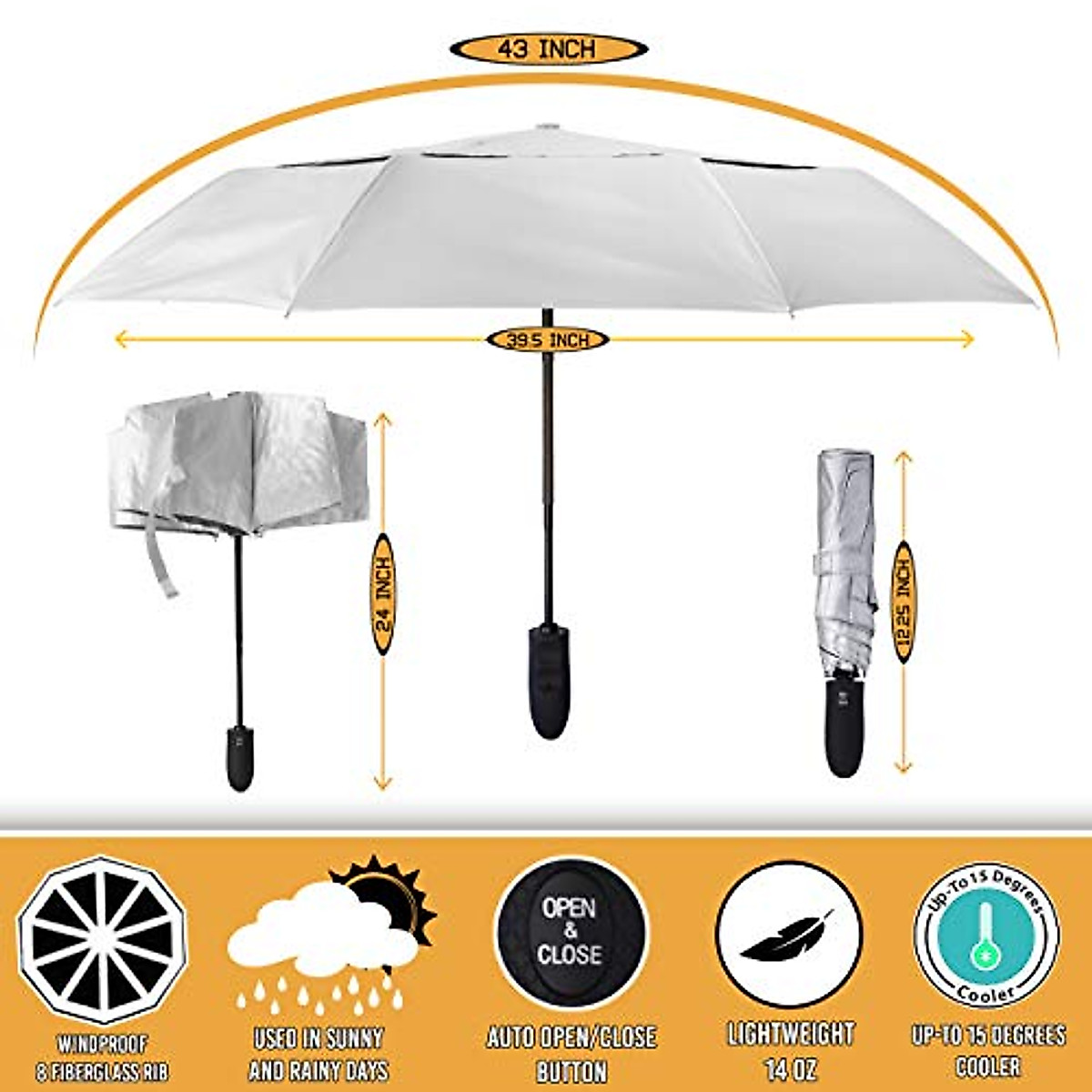 sungrubbies UV Travel Sun Umbrella Lightweight UPF 50 Auto Open Close, Compact Silver Vent Wind Resistant Travel Friendly