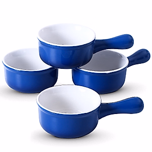 French Onion Soup Bowls with Handles, Lareina 15 OZ Ceramic Soup Crock, Porcelain 5 Inch Microwave and Oven Safe Bowls, Set of 4, Blue