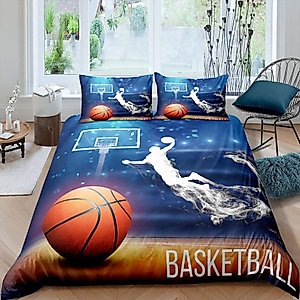 Erosebridal Boys Basketball Duvet Cover Queen Basketball Player Bedding Set Competitive Sports Game Comforter Cover Set for Kids Teens Man Arena Tie Dye Bedspread Cover with Zipper Closure, Blue