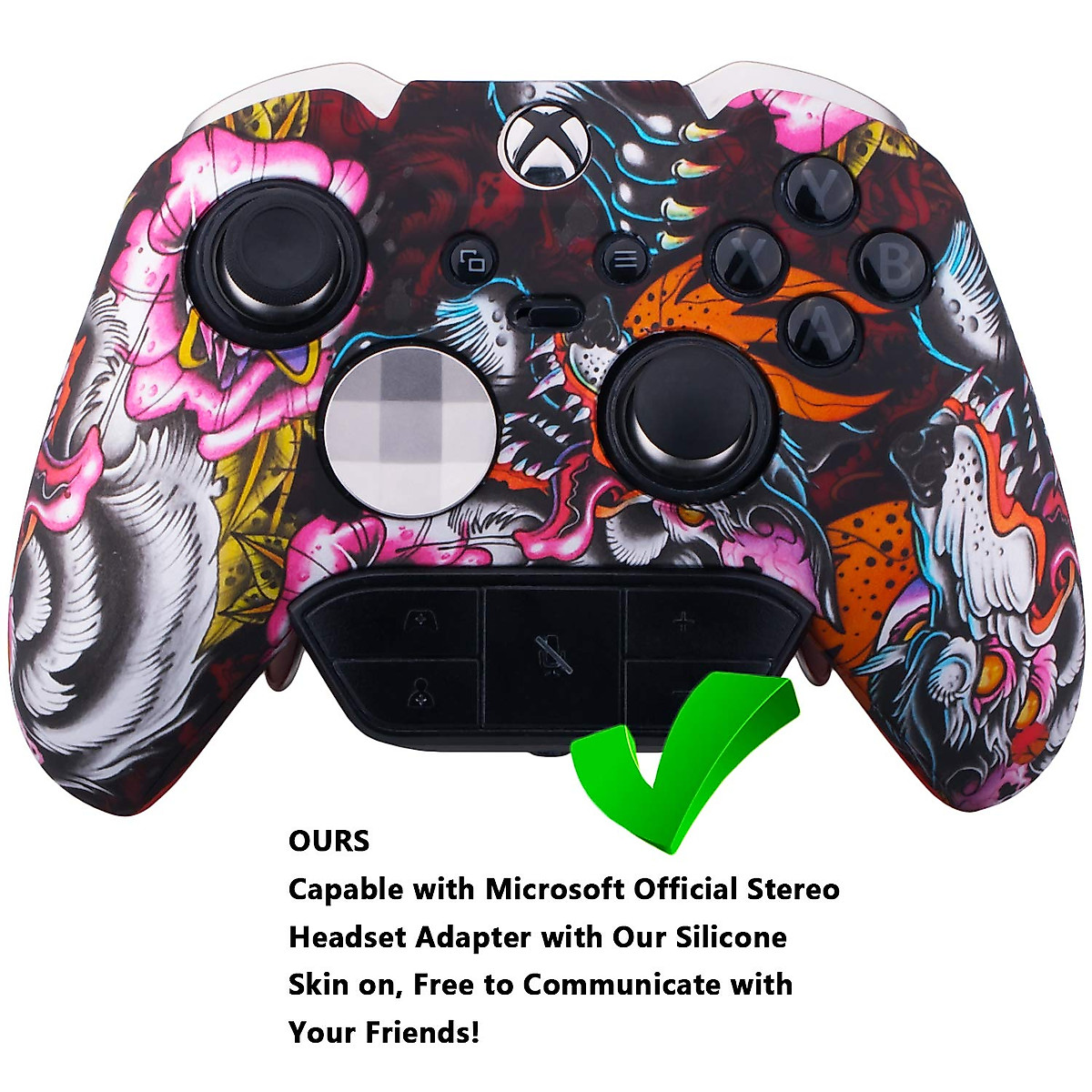 9CDeer 1 x Protective Customize Transfer Print Silicone Cover Skin Loong Red + 6 Thumb Grips Analog Caps for Xbox Elite Wireless Controller Compatible with Official Stereo Headset Adapter