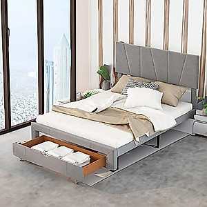 Queen Size Platform Bed Frame with Drawer & Adjustable Headboard, Platform Bed with Sturdy Wooden Slats Support, No Box Spring Needed, for Family Bedroom Small Living Space Boys Girls(Queen, Gray)