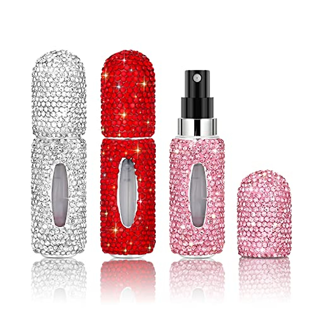 SAVORI Rhinestone Perfume Travel Refillable Perfume Atomizer Bottle Bling Portable Mini Perfume Spray Dispensers (White + Pink + Red 3 Pack)